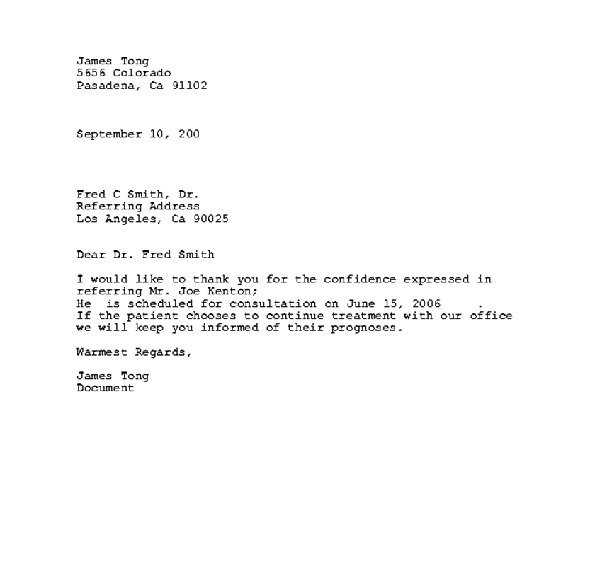 Sample Referral Thank You Letter Sample Referral Thank You Letter
